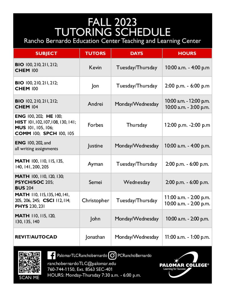 Tutoring Schedule - Rancho Bernardo Teaching and Learning Center