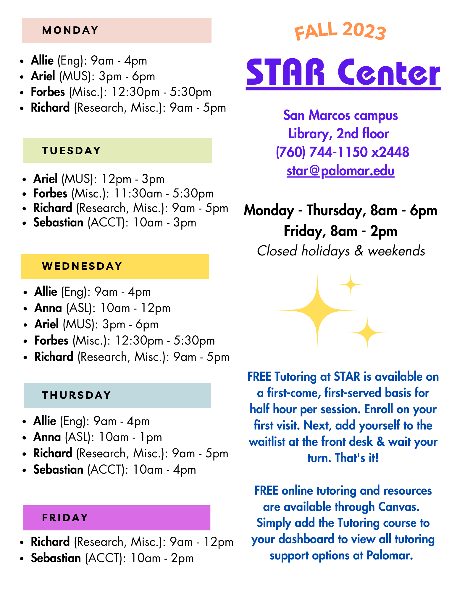 STAR Tutoring Schedule – STAR Tutoring Center